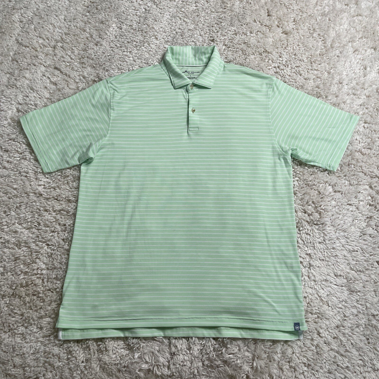 Peter Millar Polo Shirt Mens Large Green Stripe Seaside Wash Stretch ...