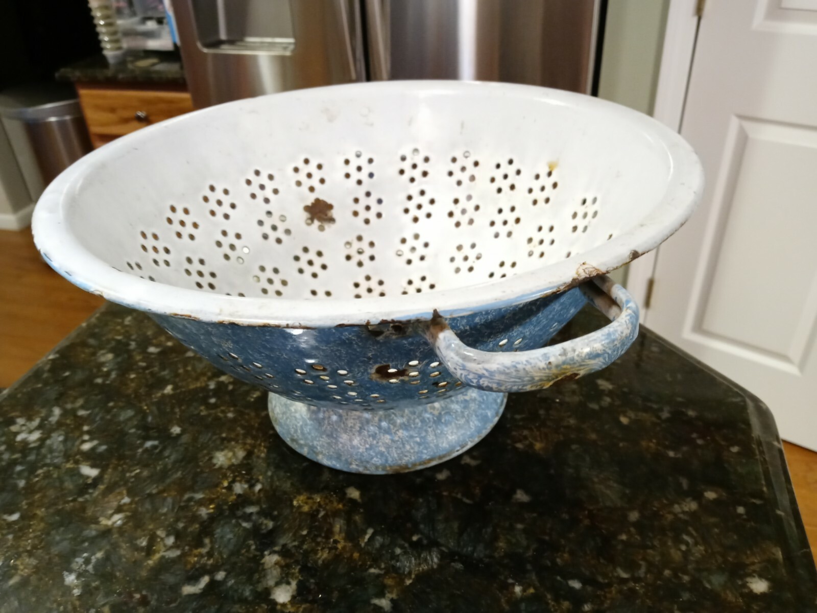 Vintage Primitive Blue & White Sponge Enamelware Antique Colander ...
